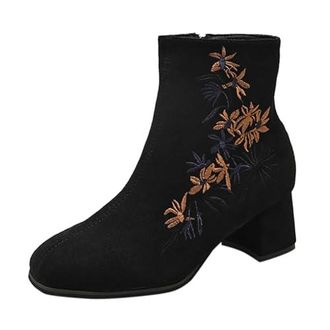 Generic liaddkv Bottines &agrave; talon &eacute;l&eacute;gantes pour femme - Bottines basses brod&eacute;es Jacquard - Bottes dhiver courtes en daim - Bottes pour femme - Bottes vintage 