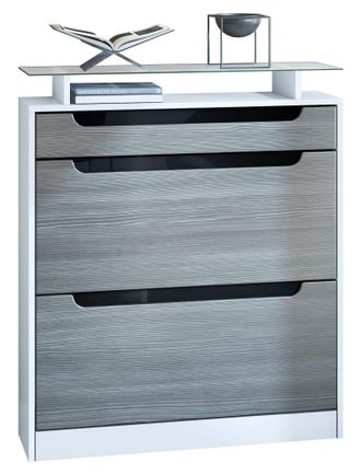 Vladon Schuhschrank Fiesta, Wei&szlig; matt/Avola-Anthrazit/Schwarz Hochglanz Schuhkipper f&uuml;r 16 Paar Schuhe mit 2 Klappen (89 x 104 x 23 cm)