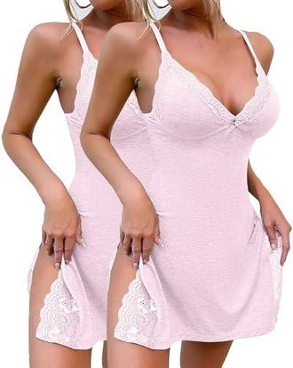 Generic Combinaison pour femme - Robe de nuit lat&eacute;rale avec bordure en dentelle et noeud - Robe de nuit en satin &agrave; bretelles spaghetti, Rose, XL