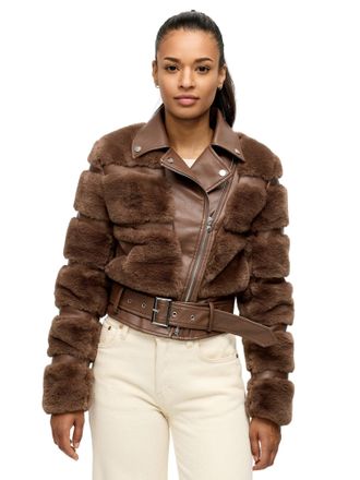 Tazzio Damen Jacke mit Biker-Vibe - Fellstreifen und cooler Reverskragen, mit G&uuml;rtel (Braun, S)