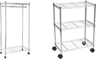 Amazon Basics Kleiderständer mit zwei Ablagen, verchromt & Regal mit Rollen und 3 Regalböden - Chrom
