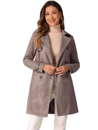 Allegra K Damen Trenchcoat aus Wildlederimitat, gekerbtes Revers, zweireihig, Jacke mit G&uuml;rtel, Dunkles Beige, XS