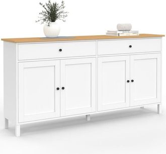 IDMarket Buffet 160cm ACHILLE 4 portes et 2 tiroirs blanc et plateau bois