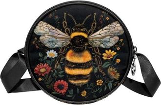 Generic Sac &agrave; bandouli&egrave;re rond pour femme, motif abeille, petit sac &agrave; bandouli&egrave;re avec fermeture &eacute;clair, bretelles r&eacute;glables, sac &agrave; main rond d&eacute;contract&eacute; pour
