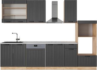 Vicco Küchenzeile Fame-Line, Dunkelgrau, 300 cm mit Hochschrank, AP Marmor