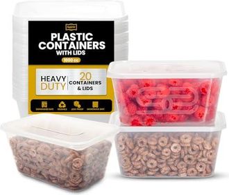 Superior Lot de 20 boîtes à emporter rectangulaires durables avec couvercles, résistantes aux fissures et au micro-ondes, 1 000 ml, parfaites pour la préparati