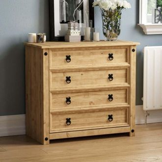 Home Discount Home Discount - Commode rustique 4 tiroirs en pin massif - Dimensions H 73 x L 80 x P 41 cm - Finition cir&eacute;e vieillie pour chambre