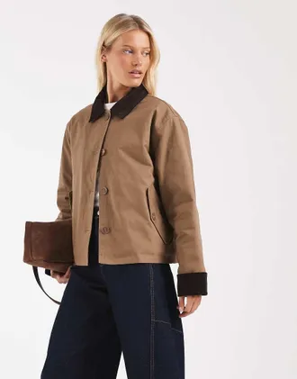 Asos Cord-Feldjacke in Steinbeige mit Kontrast-Detail-Neutral