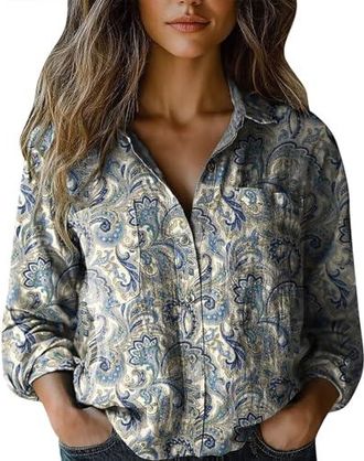 Generico Chemise Femme D&eacute;contract&eacute;e Manches Longues Chemises en Lin Coton Curvy Grande Taille Chemisier Col en V Doux Blouse Vintage Imprim&eacute; avec Boutons L&eacute;ger