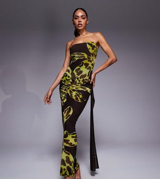 KAIIA Exclusivité - Robe longue bandeau près du corps en tulle double épaisseur à fleurs avec détail drapé et liens sur le côté - Marron et jaune-Multicolor