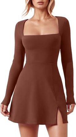 Generic Mini robe &agrave; col carr&eacute; pour femme, manches longues, fente lat&eacute;rale, robe d&eacute;t&eacute;, robe de plage, vacances, essentiels de vacances pour femme, marron, XL