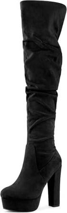 Allegra K Bottes &agrave; plateforme pour femmes, bout rond, fermeture &eacute;clair, talon &eacute;pais, sur les genoux Noir 36