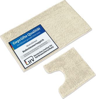 WohnDirect Badematten Set 2 teilig Creme - WC Vorleger (45x45cm), Badematte (50x80cm) - rutschfest waschbar Badezimmerteppich MIT WC-Ausschnitt