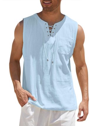Coofandy Tank Top Herren Baumwolle Ärmelloses Shirt für Männer Sommer Beach Henley Casual Hippie Strand Hemd Oversize Hellblau L