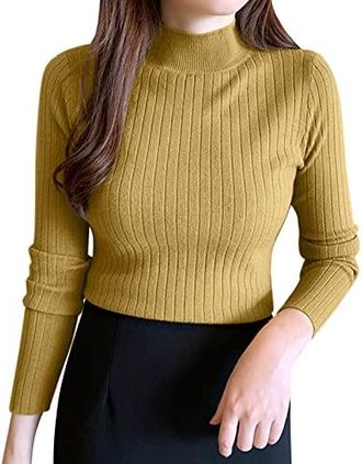 Generic Sous-pull à manches longues pour femme avec col montant - T-shirt en tricot côtelé - T-shirt à manches longues - Couleur unie - Col roulé - Sweat-shir
