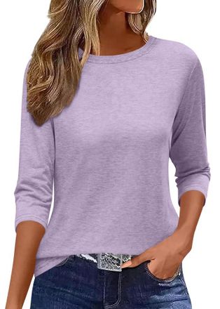 Minetom Tshirt Damen Shirt 3/4 Arm Tshirt Sommer Pullover Basic Tops Casual Oberteile Rundhals Shirt A Lila XXL