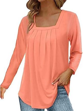 Generic Chemisier uni à manches longues pour femme - Col carré plissé - Manches longues - En coton - Pour la vie quotidienne - Cadeau de Noël, rose, M