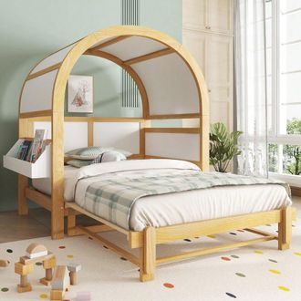 Generic Ausziehbares, geschwungenes Zwischengeschoss, Schiebebett, Kinderbett, Tagesbett, integrierter Nachttisch, Kiefer + MDF, wei&szlig; + Natur, 140x200 cm (ohn