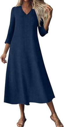 Generic Robe longue en lin pour femme - Col en V - Manches 3/4 - Solide - Longue robe d&eacute;t&eacute; - Tenue de vacances pour la plage et les voyages, bleu, XXL
