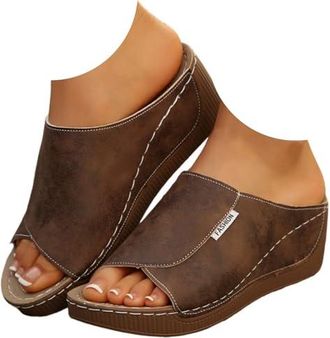 Generic Sandales orthop&eacute;diques compens&eacute;es en cuir &eacute;pais pour femme - Bout ouvert - Chaussures de marche d&eacute;contract&eacute;es - Pour voyage, vacances - Confortable - 