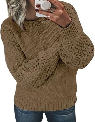 Generic Pull pour femme en tricot &eacute;pais &agrave; col rond et manches longues, coupe ample, doux, confortable, d&eacute;contract&eacute;, chaud pour lautomne et lhiver, usage quoti