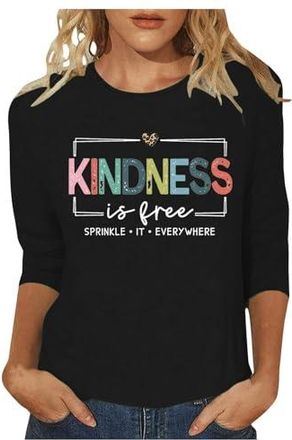 Generic T-shirt pour femme avec col rond, manches 3/4 et lettres, Noir, 3XL