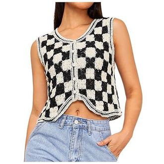 Generic Gilet sans Manche Femme Gilet Femme D&eacute;contract&eacute; Quotidien Ville Carreaux Col V - Pull Boutonn&eacute; sans Manches pour Look Automne Tendance