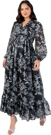 Lovedrobe Robe Longue pour Femme avec col en V, Manches Longues, imprimé Floral, Volants, Ouverture en Goutte deau dans Le Dos, Coupe trapèze, pour soirée, Noir