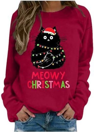 Generic Pull de No&euml;l pour chat noir avec lumi&egrave;res de No&euml;l, chemise &agrave; col rond, pull de vacances, pull &agrave; manches longues, chemisier &agrave; col rond, surdimensionn&eacute;,