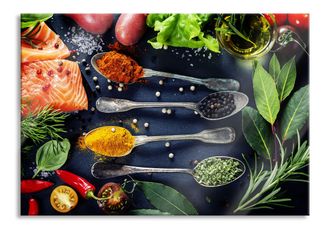 Pixxprint Glasbild, Wandbild aus Echtglas, Feine Gewürze auf Löffeln, 80x60 cm, inkl. Aufhängung und Abstandshalter