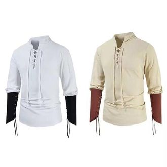 Generic Chemise viking pour homme, chemise steampunk pour homme, style vintage classique, haut de pirate m&eacute;di&eacute;val &eacute;l&eacute;gant &agrave; manches longues &agrave; lacets, v&ecirc;tement