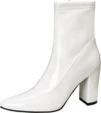 Smilice Bottines pour femme en cuir verni - Talon bloc de 8,5 cm et fermeture &eacute;clair lat&eacute;rale pour lhiver et les soir&eacute;es, Blanc., 38 EU