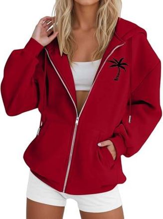 Generic 2026 Veste &agrave; capuche d&eacute;contract&eacute;e &agrave; manches longues avec cordon de serrage pour femme Motif arbre, Rouge, 3XL