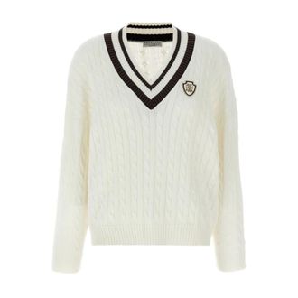 Brunello Cucinelli Umweltfreundlicher Cable Knit V-Neck Sweater - - Knitwear - Damen - Wei&szlig; - M