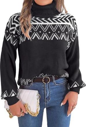 Generic Pull &agrave; col roul&eacute; pour femme - Style ethnique - Pull &agrave; manches lanternes pour lautomne et lhiver - V&ecirc;tements d&eacute;contract&eacute;s pour voyage, quotidien, vacan