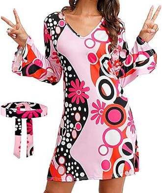 Generic Robe de costume hippie pour femme | Robe disco des ann&eacute;es 70 | Robe r&eacute;tro dHalloween pour f&ecirc;te &agrave; th&egrave;me r&eacute;tro, f&ecirc;te &agrave; th&egrave;me des ann&eacute;es 60 et 70
