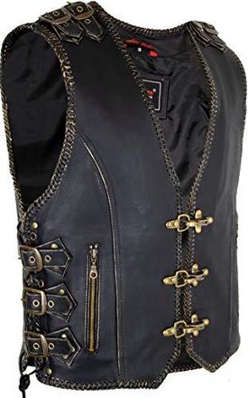 MDM Gilet de motard en cuir pour homme avec boucles en laiton et mousquetons, noir/marron, L