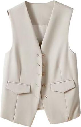 Minetom Gilets de Tailleur Femme Élégant Sans Manche Blazer Gilet de Costume Col V Affaires Travail Veste Waistcoat avec Boutons A Beige 3XL