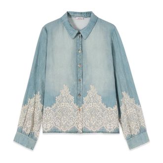 Oltre Denim-Effekt-Hemd mit Spitze - - Blouses & Shirts - Damen - Blau - 4XL