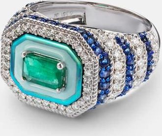 Kamyen Jewellery Bague dauriculaire Twin Flame en or blanc 18 ct, diamants et &eacute;mail