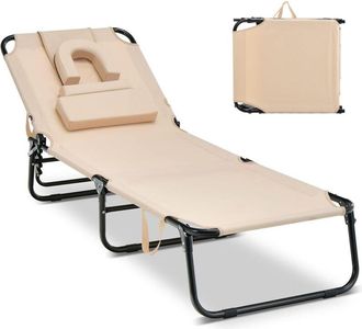 Costway Costway - Chaise Longue Pliante R&eacute;glable &agrave; 5 Positions avec Trou pour Visage, Bain de Soleil en Tissu Oxford 3 Coussins Amovibles Charge 160KG, pour