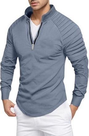 Generic Polo Hommes Chemises &agrave; Fermeture &Eacute;clair pour Hommes Chemise Slim Fit D&eacute;contract&eacute;e &Eacute;paule &Eacute;paule Pliss&eacute;e Chemise &agrave; Fermeture &Eacute;clair, gris, 3XL