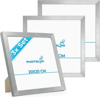Photolini Bilderrahmen 20x20 Silber MDF-Holz, 3er Set Poster-Rahmen, bruchsicheres Acrylglas, zum Aufhängen & Aufstellen, extra Zubehör - für Fotos & Poster