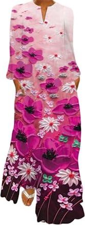 Ocean Plus Robe de Printemps et dété pour Femme avec Jupe Longue Col en V Manches Longues Poches et Imprimé Floral Ample (XXL, Peinture à lHuile de Fleur Rose)