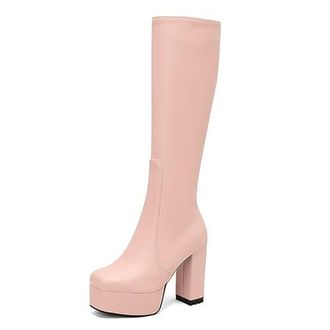 Generic Bottes d&eacute;quitation minimalistes couleur unie &eacute;paisse plateforme bout carr&eacute; genou bottes d&eacute;quitation avec fermeture &eacute;clair lat&eacute;rale chaussures dhiver c