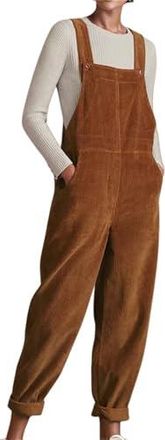 Generic Salopette &agrave; bretelles en velours c&ocirc;tel&eacute; pour femme, combinaison r&eacute;tro ann&eacute;es 90 avec poches, caf&eacute;, XXL
