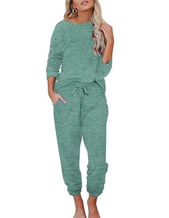 Ekouaer Ensembles de Pyjamas pour Femmes &agrave; Manches Longues Hiver Col Rond V&ecirc;tements de Nuit avec Poches Sarcelle XL