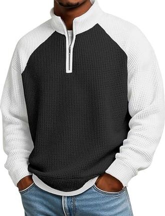 Generic Sweat d&eacute;contract&eacute; &agrave; col montant et fermeture &eacute;clair contrast&eacute;e pour homme, coupe ample, pull polo tricot&eacute; textur&eacute;, Noir, 4XL