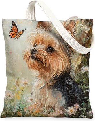 Generic Spring Yorkies Sac fourre-tout en toile r&eacute;utilisable pour faire du shopping 33 x 38,1 cm, motif papillon amusant pour femme, animal de compagnie, d&eacute;co