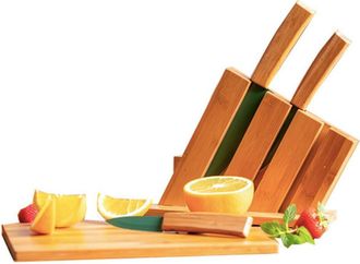 Just Vegan Just Vegan 5 teiliger Messerblock mit Kochmesser, Messerset aus Keramik - Holzblock und Schneidebrett aus Bambus - stylisches, kompaktes Design, ohne 